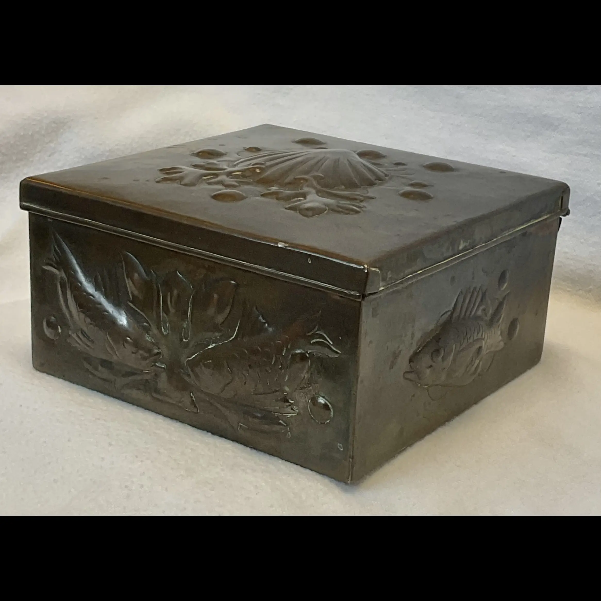 Newlyn Arts And Crafts Square Copper Table Box With Fish And Shells