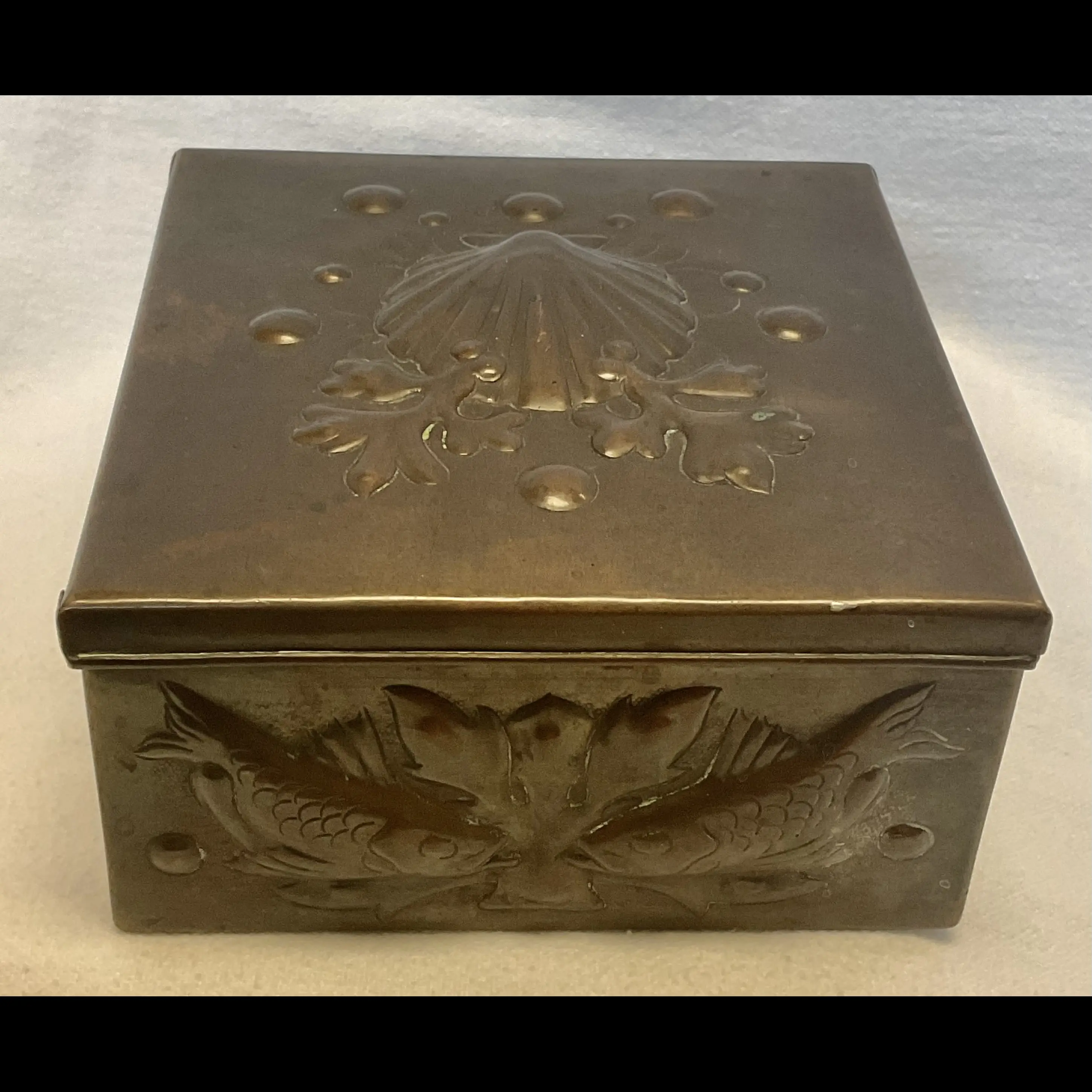 Newlyn Arts And Crafts Square Copper Table Box With Fish And Shells