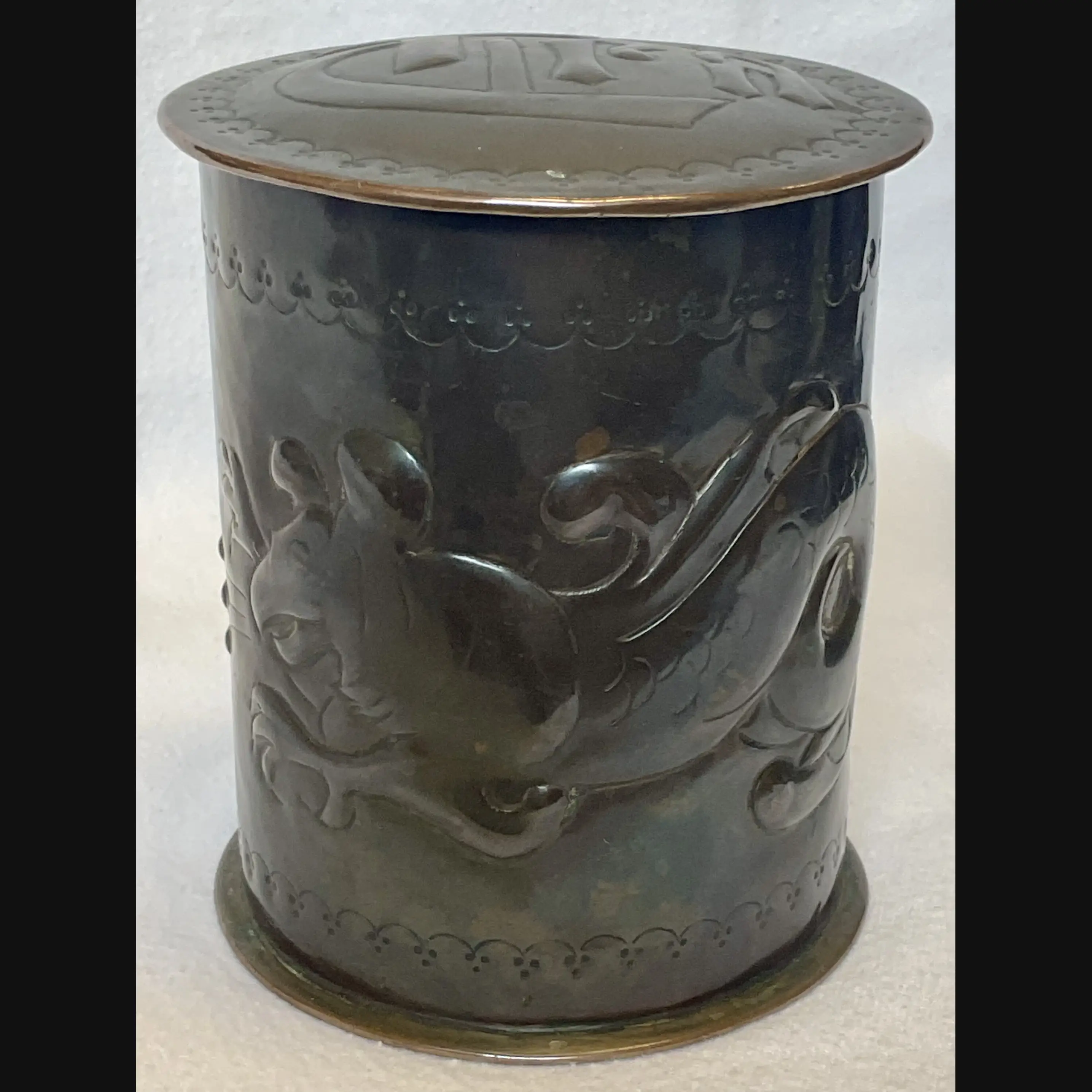 Newlyn Arts And Crafts Copper Tea Caddy With Unusual Grotesque Rat Figure