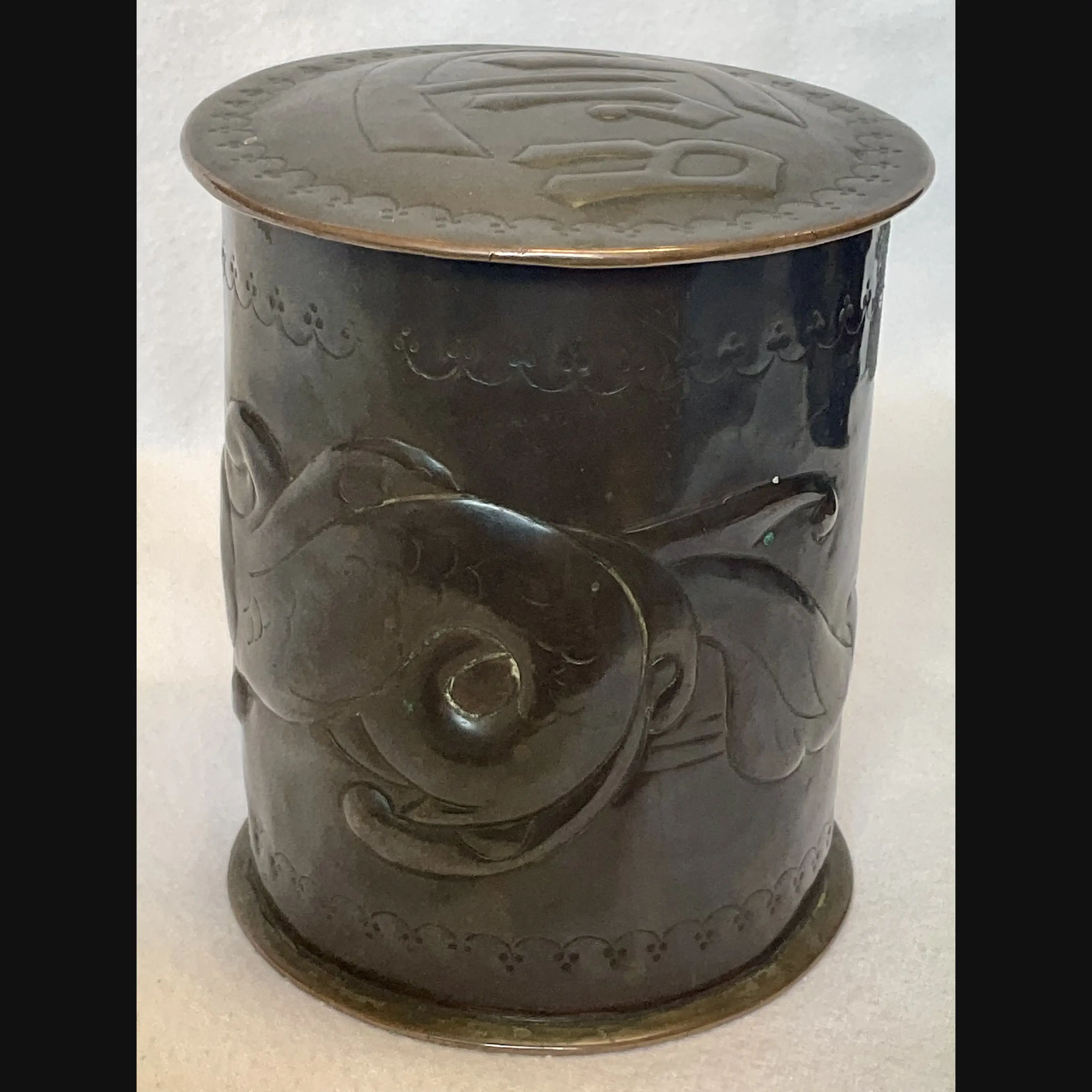 Newlyn Arts And Crafts Copper Tea Caddy With Unusual Grotesque Rat Figure