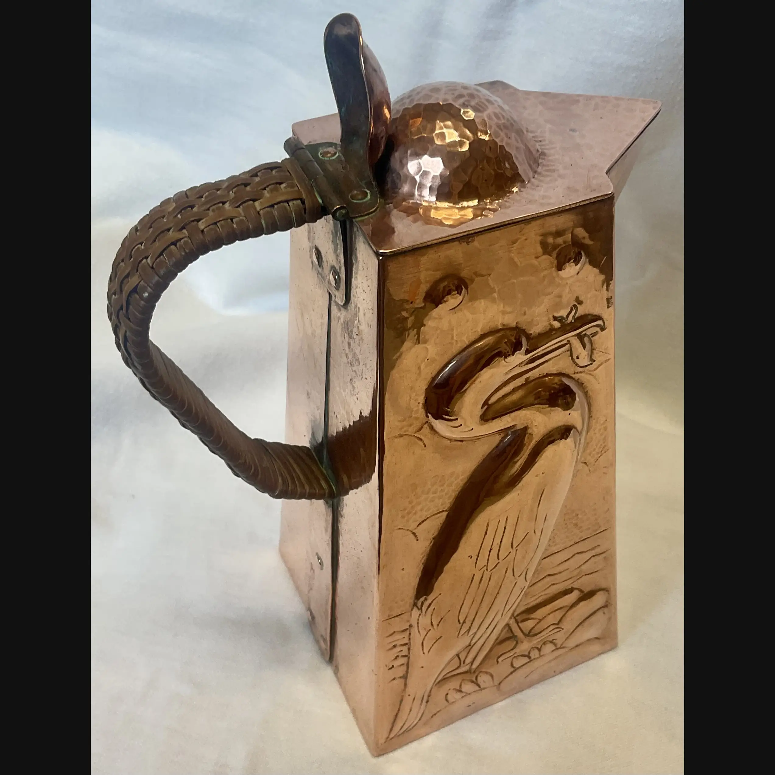 Newlyn School Arts And Crafts Copper Hot Water Jug With Cormorants Pre 1906