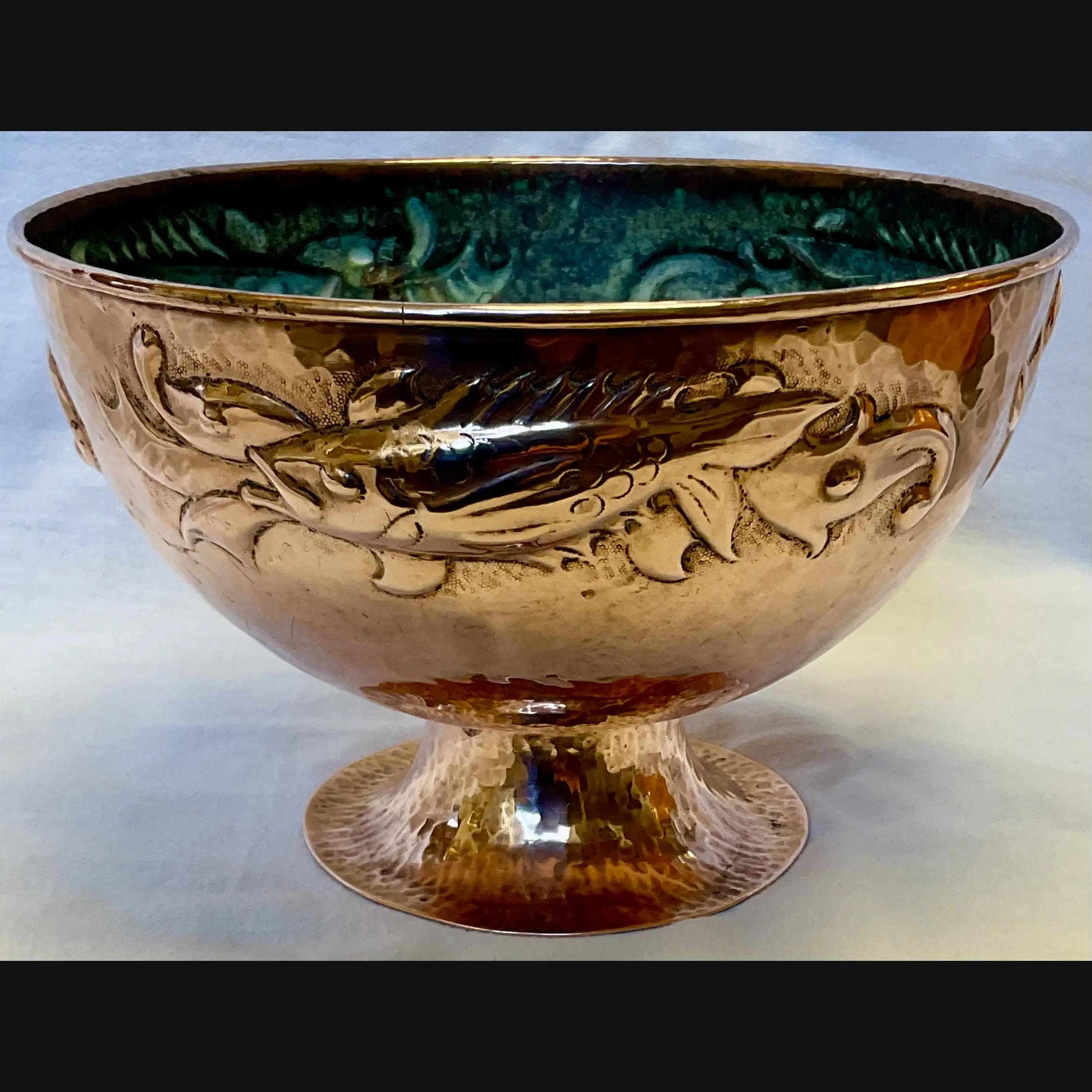 Newlyn Cornish Arts And Crafts Copper Footed Bowl With Repeating Fish ...