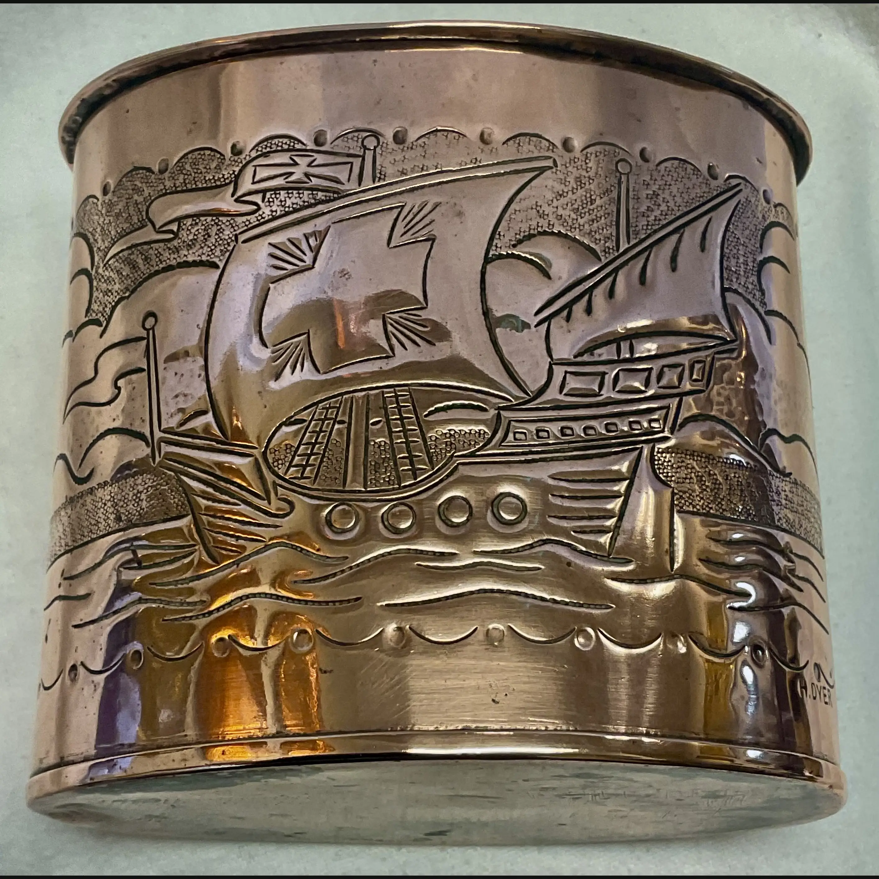 H Dyer Mousehole Cornish Arts And Crafts Copper Tea Caddy With Rigged ...