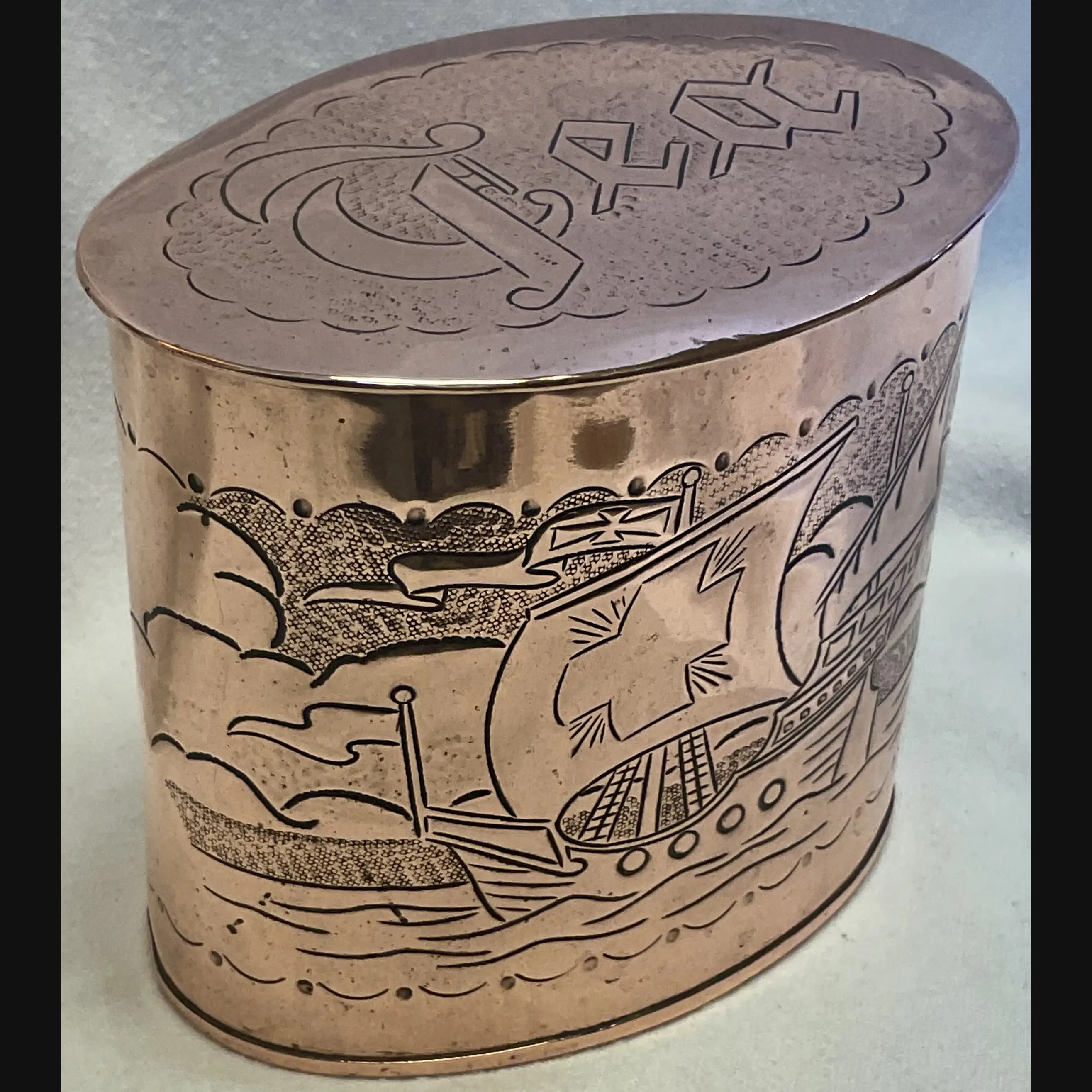 H Dyer Mousehole Cornish Arts And Crafts Copper Tea Caddy With Rigged ...