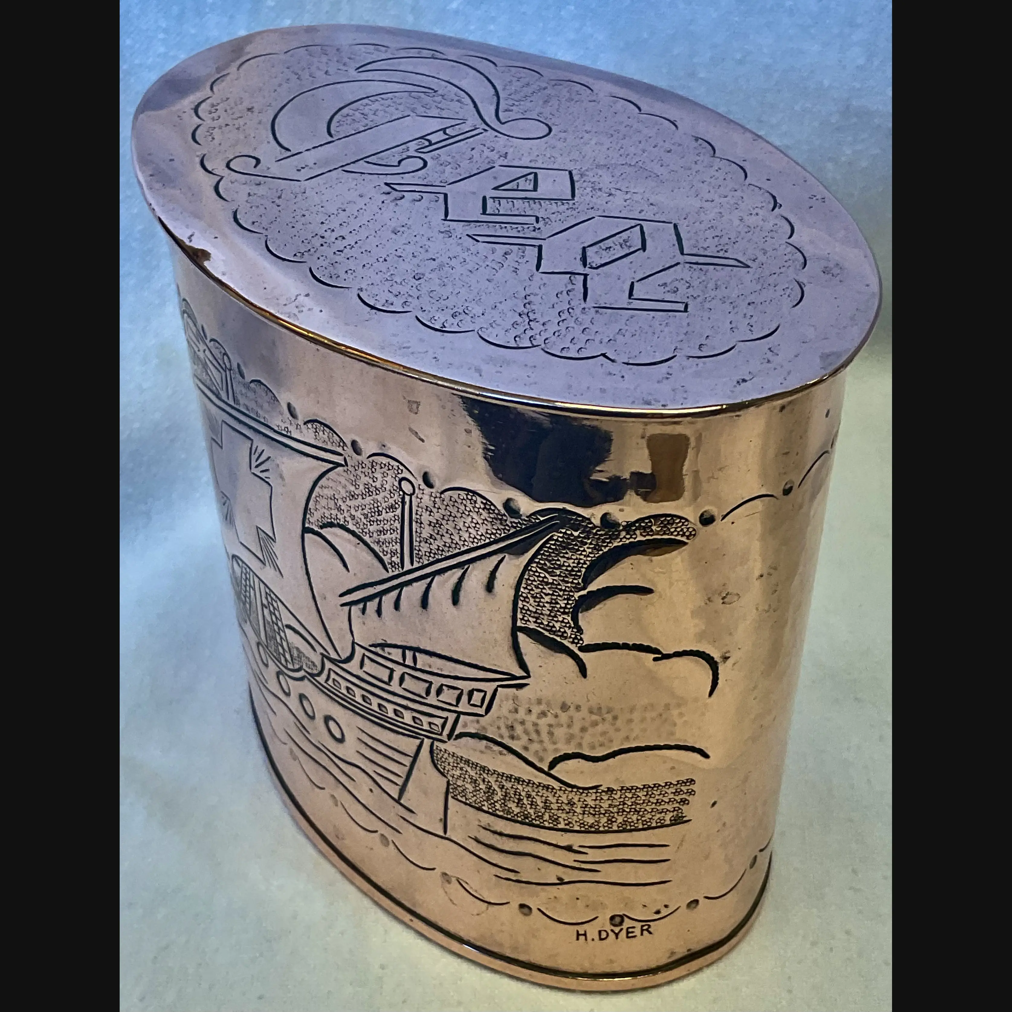 H Dyer Mousehole Cornish Arts And Crafts Copper Tea Caddy With Rigged ...